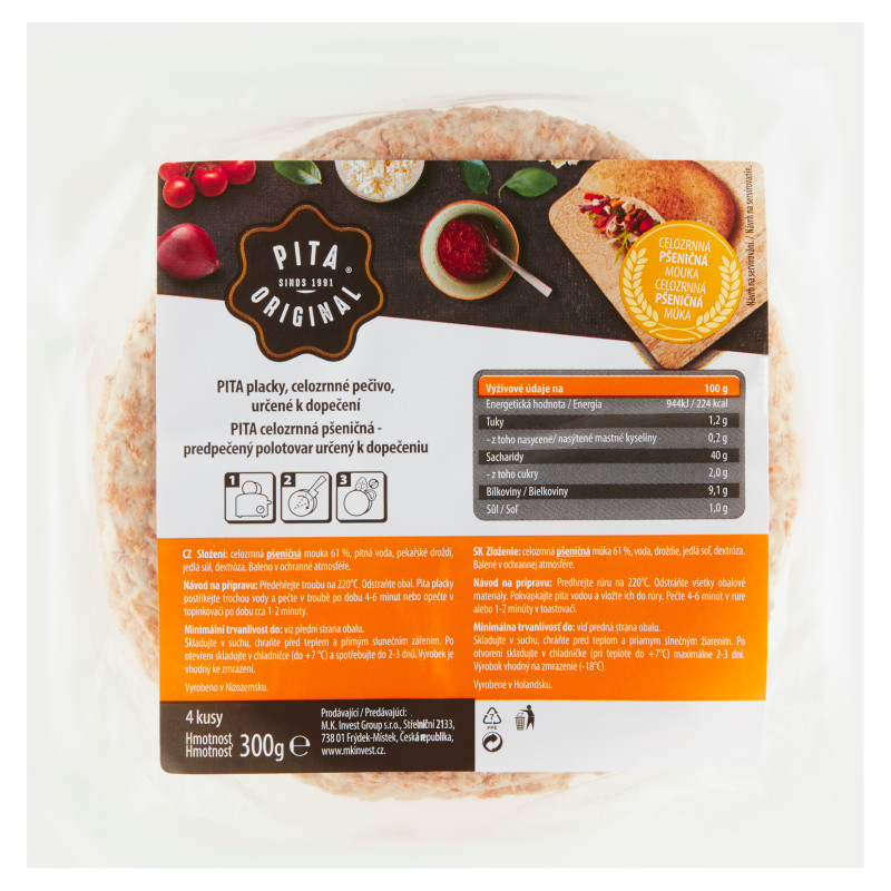 Pita Original Placky celozrnné k dopečení, 4 ks