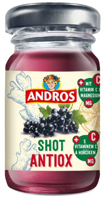 Andros Shot Antiox s příchutí černého rybízu a zázvoru