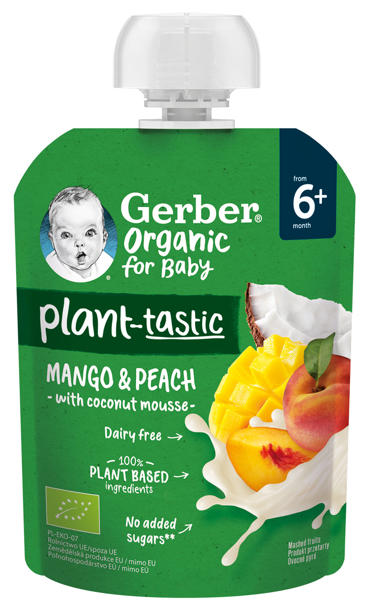 Gerber Organic BIO Ovocná kapsička mango a broskev s kokosovým mlékem
