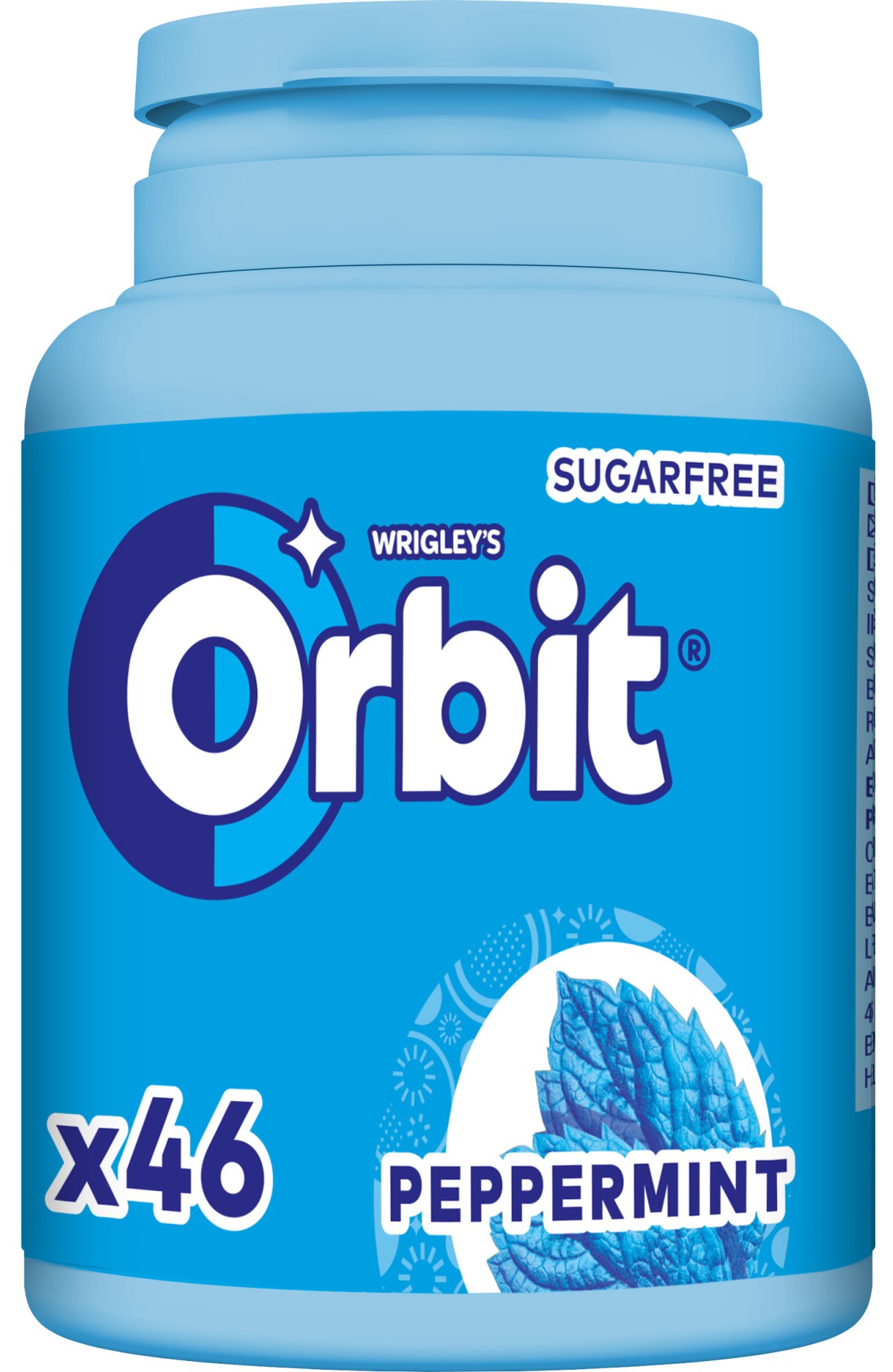 Wrigley's Orbit sugar-free chewing gum with peppermint flavor jar